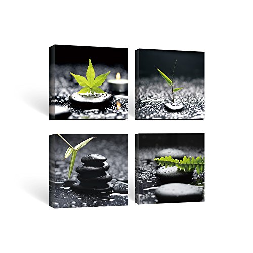 SUMGAR Framed Wall Art Bathroom Decor Black and White Canvas Paintings Green Pictures Zen Stone Spa 4 Piece,12x12 in