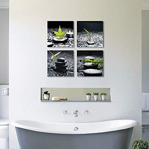 SUMGAR Framed Wall Art Bathroom Decor Black and White Canvas Paintings Green Pictures Zen Stone Spa 4 Piece,12x12 in