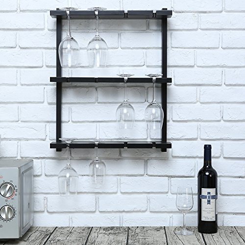 MyGift Wine Glass Rack - Wall-Mounted Black Wood Stemware Rack, 12 Glassware Holder Rack, Wine Glasses Storage Hanger for Bar Kitchen