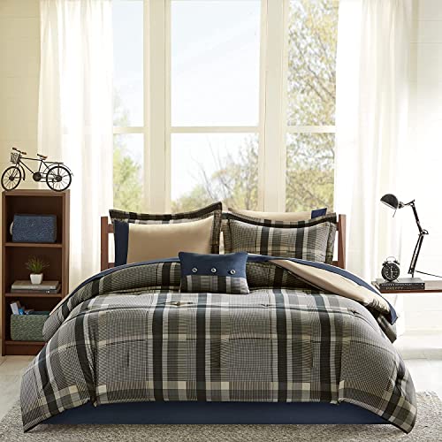 Intelligent Design Robbie Cozy Comforter Set Bed in A Bag, Modern Casual All Season Bedding Set, Matching Sham, Decorative Pillow, Navy/Tan, Full, 9 Piece