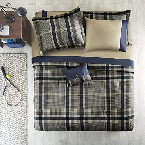 Intelligent Design Robbie Cozy Comforter Set Bed in A Bag, Modern Casual All Season Bedding Set, Matching Sham, Decorative Pillow, Navy/Tan, Full, 9 Piece