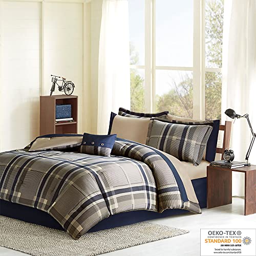 Intelligent Design Robbie Cozy Comforter Set Bed in A Bag, Modern Casual All Season Bedding Set, Matching Sham, Decorative Pillow, Navy/Tan, Full, 9 Piece