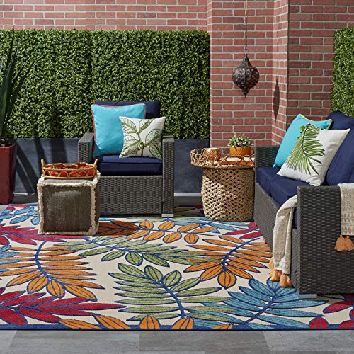 Nourison Aloha Indoor/Outdoor Multicolor 7'10" x 10'6" Area Rug, Tropical, Botanical, Easy-Cleaning, Non-Shedding, Bed Room, Kitchen, Living Room, Deck, Backyard, (8' x 11')