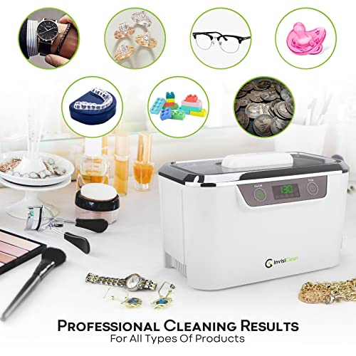 InvisiClean Professional Ultrasonic Cleaner Machine | Electronic Silver Jewelry Cleaner for Eyeglass/Dentures/Diamond Ring | Pro Elite Model with Stainless Steel Tank for Retainer