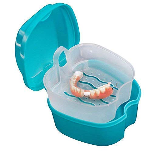 Coolrunner Denture Case, Denture Cup with Strainer, Denture Bath Box False Teeth Storage Box with Basket Net Container Holder for Travel, Retainer Cleaning (Green)