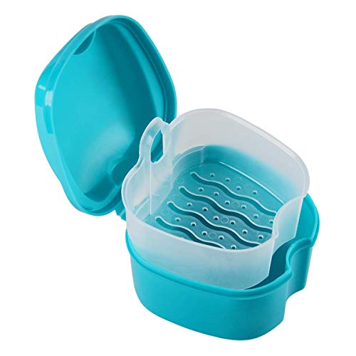 Coolrunner Denture Case, Denture Cup with Strainer, Denture Bath Box False Teeth Storage Box with Basket Net Container Holder for Travel, Retainer Cleaning (Green)