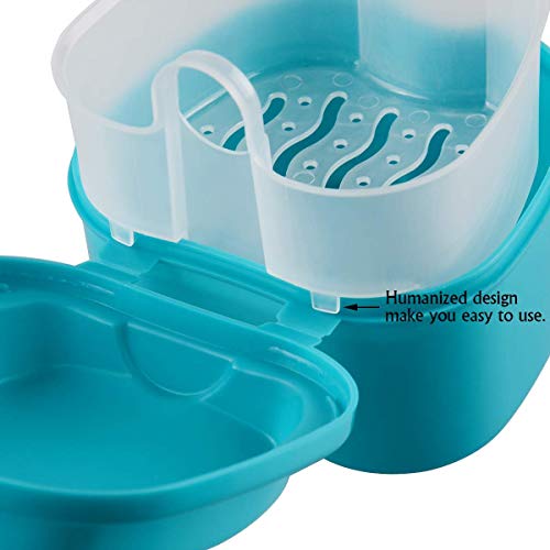 Coolrunner Denture Case, Denture Cup with Strainer, Denture Bath Box False Teeth Storage Box with Basket Net Container Holder for Travel, Retainer Cleaning (Green)