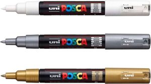 posca pc-1m paint art marker pens - fabric glass metal pen - set of white + gold + silver (1 of each)