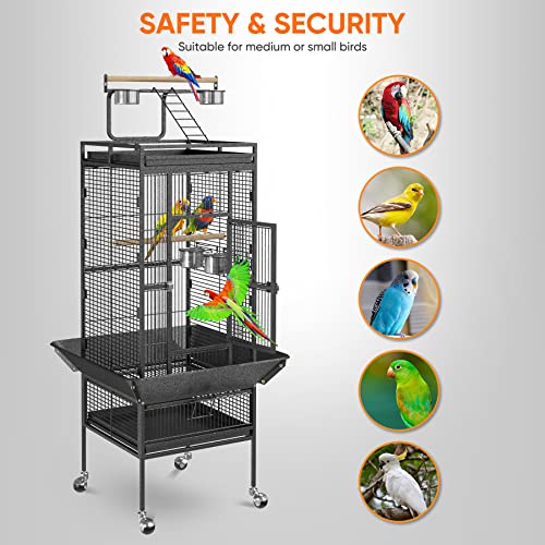 ZENY 61-inch Playtop Parrot Bird Cages, Wrought Iron Large Birdcage with Rolling Stand for Parakeet Cockatiels Quaker Conure Lovebird Finch Canary Small Medium Parrot Cage Birdcage, Black