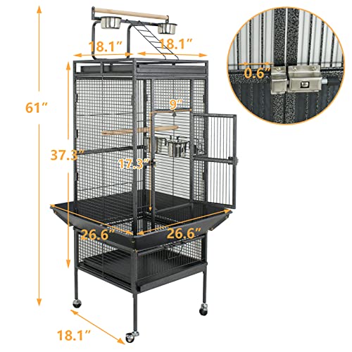 ZENY 61-inch Playtop Parrot Bird Cages, Wrought Iron Large Birdcage with Rolling Stand for Parakeet Cockatiels Quaker Conure Lovebird Finch Canary Small Medium Parrot Cage Birdcage, Black