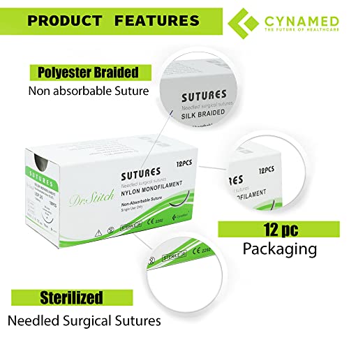 CynaMed Sutures Thread with Needle (12-Pack) - Training Sutures Pkg. of 12 (12, 4/0, 30mm Blade, 3/8 Reverse Cutting)