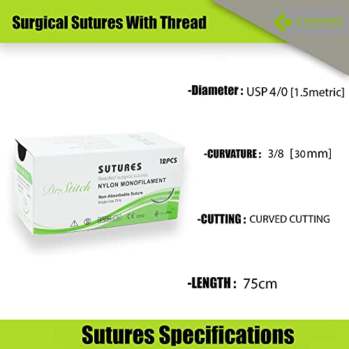 CynaMed Sutures Thread with Needle (12-Pack) - Training Sutures Pkg. of 12 (12, 4/0, 30mm Blade, 3/8 Reverse Cutting)