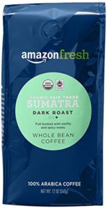 amazonfresh organic fair trade sumatra whole bean coffee, dark roast, 12 ounce