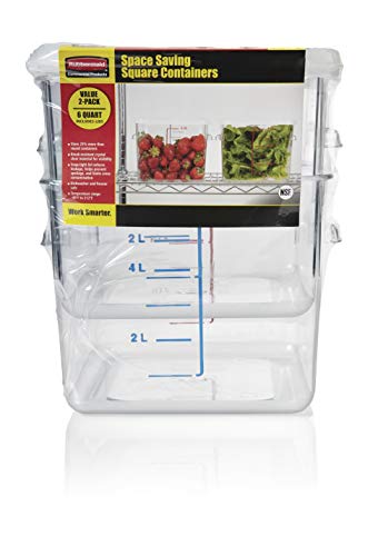 Rubbermaid Commercial Products Plastic Square Food Storage Container with Lid, 6 Quart, 1815325 (set of two)