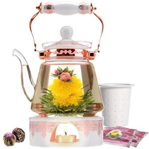 teabloom buckingham palace teapot & flowering tea gift set (6 pieces) - stovetop safe glass teapot (40 oz / 1.2 l / 4-5 cups), porcelain lid, tea warmer, loose tea infuser, 2 gourmet rose tea flowers