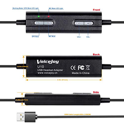 Headset QD(Quick Disconnect) Connector to USB Adapter Cable with Volume Adjuster, Mute for Speaker and Microphone Separately Compatible with Any Plantronics and VoiceJoy Headset QD Plug