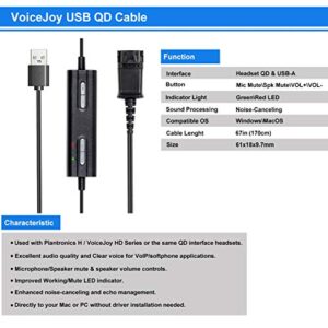 Headset QD(Quick Disconnect) Connector to USB Adapter Cable with Volume Adjuster, Mute for Speaker and Microphone Separately Compatible with Any Plantronics and VoiceJoy Headset QD Plug