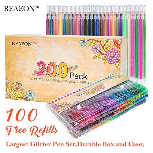 200 Glitter Gel Pen Set, 100 Gel Pens plus 100 Refills Glitter Neon Pen for Coloring Books, Craft Doodling Drawing Bullet Journal Highlighter