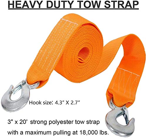 Tow Strap Heavy Duty, Recovery Strap 3" X 20' 18,000 LB Break Strength Rope Winch Strap with 2 Hook