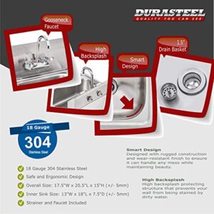 DuraSteel Stainless Steel Sink - Commercial Wall Mount Kitchen Sink - Small Hand Sink with 18" x 13" x 7.5"D Wash Basin - With Sink Strainer and Faucet - For Laundry, Restaurants, Bars, and More