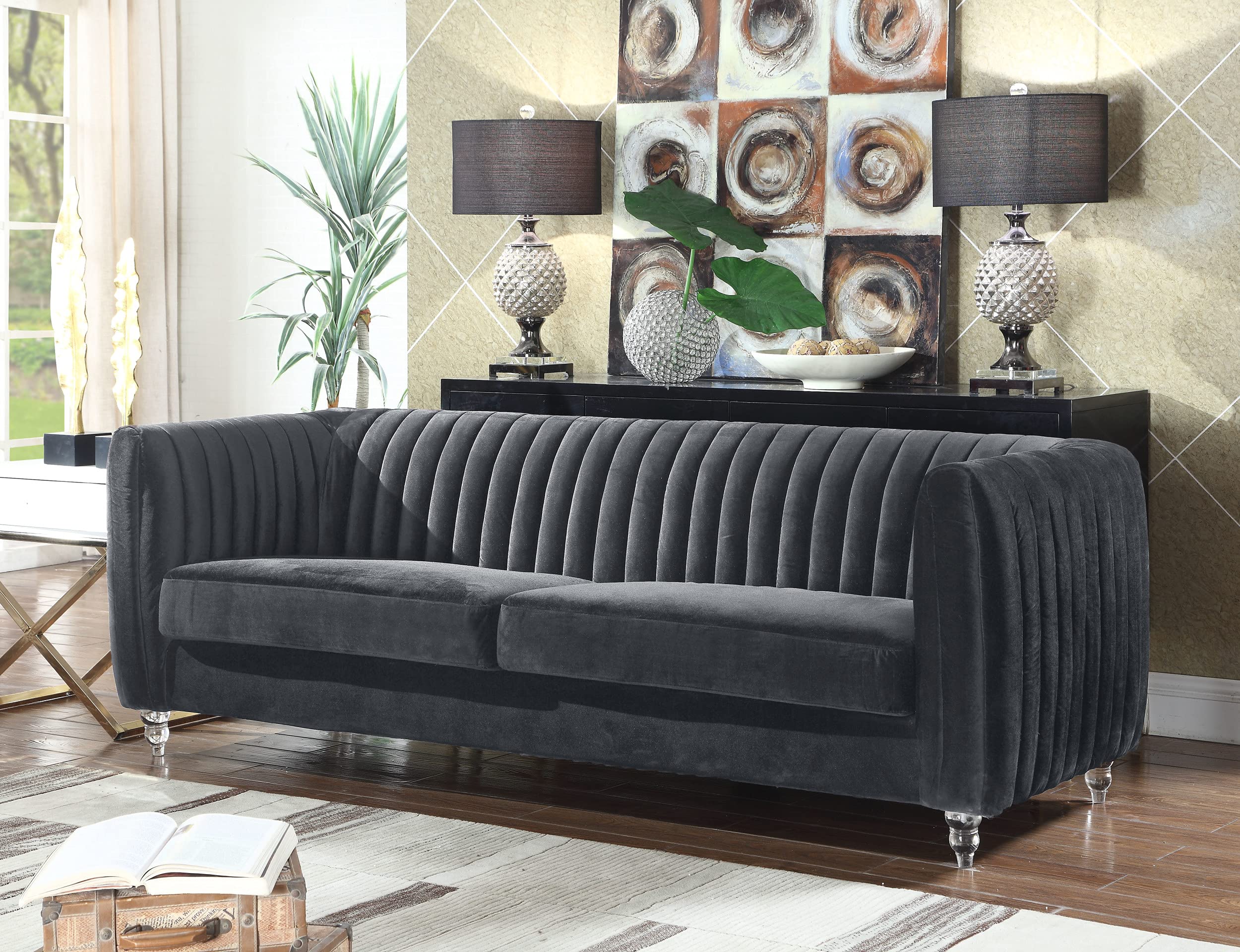 Iconic Home Kent Elegant Velvet Modern Contemporary Plush Cushion Seat Round Acrylic Feet Sofa, Grey