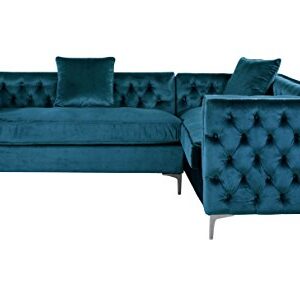 Iconic Home Mozart Elegant Velvet Modern Deeply Tufted with Silver Nailhead Trim Chrome Legs Right Facing Sectional Sofa, Teal