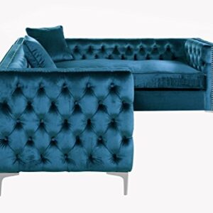 Iconic Home Mozart Elegant Velvet Modern Deeply Tufted with Silver Nailhead Trim Chrome Legs Right Facing Sectional Sofa, Teal