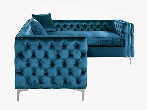 Iconic Home Mozart Elegant Velvet Modern Deeply Tufted with Silver Nailhead Trim Chrome Legs Right Facing Sectional Sofa, Teal