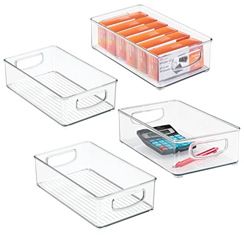 mDesign Small Plastic Office Storage Container Bins w/Handles for Organization in Filing Cabinet, Closet Shelf, Desk Drawers, Organizer for Notes, Pens, Pencils - Ligne Collection, 4 Pack - Clear