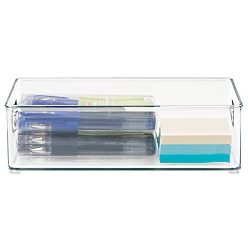 mDesign Small Plastic Office Storage Container Bins w/Handles for Organization in Filing Cabinet, Closet Shelf, Desk Drawers, Organizer for Notes, Pens, Pencils - Ligne Collection, 4 Pack - Clear