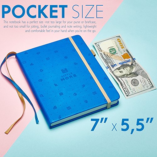 Little More Dot Grid Notebook - Dotted Notebook Journal Hardcover with Thick Paper - Leather Pocket Bullet Planner (7" x 5.5") - Small Diary with Numbered Pages with Pen Loop (Blue)