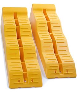 oxgord rv leveling ramps - camper or trailer leveler/wheel chocks for stabilizing uneven ground and parking - set of 2 blocks, yellow