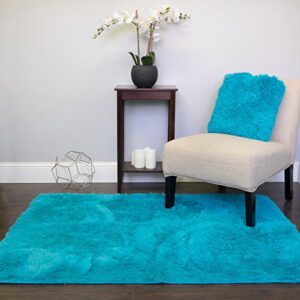 faux fur area rug decorative 4' x 5' ultra soft and luxurious cruelty free eco friendly shag non skid premium floor cover for living room, dining room, bedroom, and more!, turquoise blue