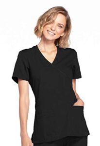 women's mock wrap top workwear originals with rib-knit back panels ww650, m, black