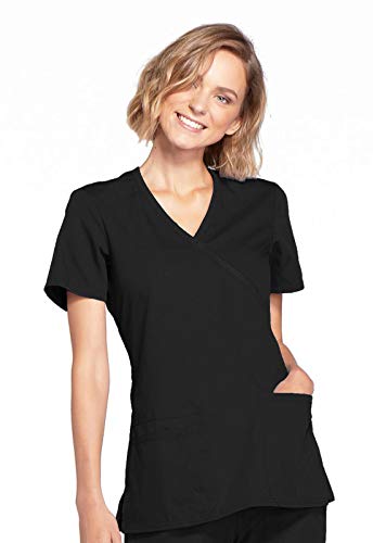 Women's Mock Wrap Top Workwear Originals with Rib-Knit Back Panels WW650, M, Black