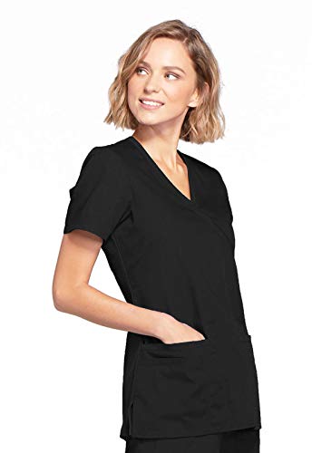 Women's Mock Wrap Top Workwear Originals with Rib-Knit Back Panels WW650, M, Black