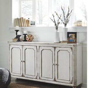 Signature Design by Ashley Mirimyn Distressed 4-Door Accent Cabinet or TV Stand, Antique White