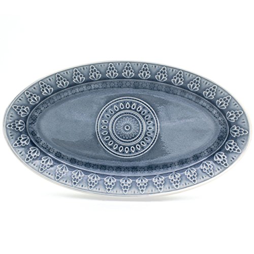 Euro Ceramica Fez Serving Platter, 14" Oval, Teardrop Mandala Design, Grey