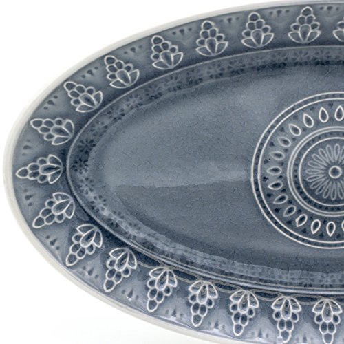 Euro Ceramica Fez Serving Platter, 14" Oval, Teardrop Mandala Design, Grey