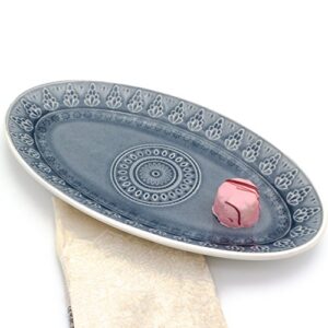 Euro Ceramica Fez Serving Platter, 14" Oval, Teardrop Mandala Design, Grey