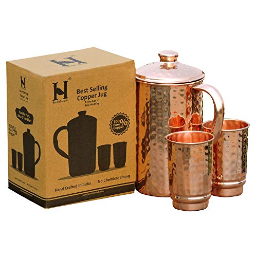 HealthGoodsIn - Pure Copper Hammered Water Jug with 2 Hammered Copper Tumblers | Copper Pitcher and Tumblers for Ayurveda Health Benefits