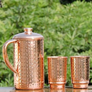 HealthGoodsIn - Pure Copper Hammered Water Jug with 2 Hammered Copper Tumblers | Copper Pitcher and Tumblers for Ayurveda Health Benefits