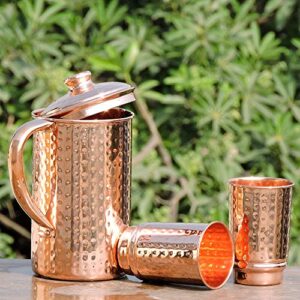 HealthGoodsIn - Pure Copper Hammered Water Jug with 2 Hammered Copper Tumblers | Copper Pitcher and Tumblers for Ayurveda Health Benefits