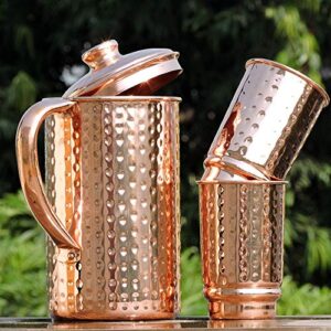 HealthGoodsIn - Pure Copper Hammered Water Jug with 2 Hammered Copper Tumblers | Copper Pitcher and Tumblers for Ayurveda Health Benefits