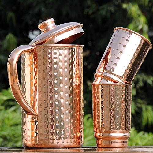 HealthGoodsIn - Pure Copper Hammered Water Jug with 2 Hammered Copper Tumblers | Copper Pitcher and Tumblers for Ayurveda Health Benefits