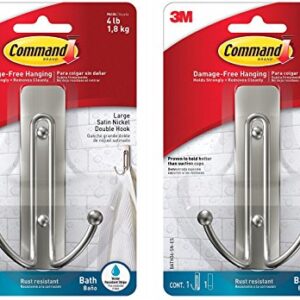 Command Large Double Bath Hook, Satin Nickel, 2-Hooks, 2-Large Water-Resistant Strips