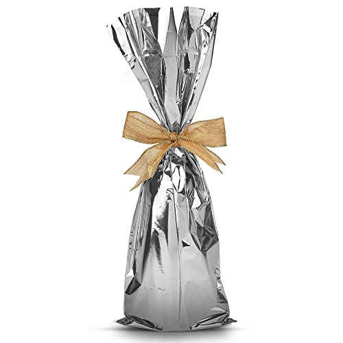 MT Products Metallic Mylar Wine Silver Gift Bags for Bottles Sparkle Look - Great for a Wine Pull - (25 Pieces) (Ribbon and Rope Not Included)