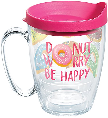 Tervis 1266565 Donut Worry Tumbler with Wrap and Fuchsia Lid 16oz Mug, Clear