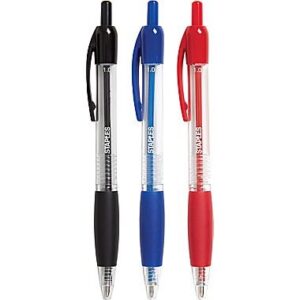 staples retractable ballpoint pens, 1.0 mm tip, pack of 50 assorted colors - 20 black, 20 blue & 10 red