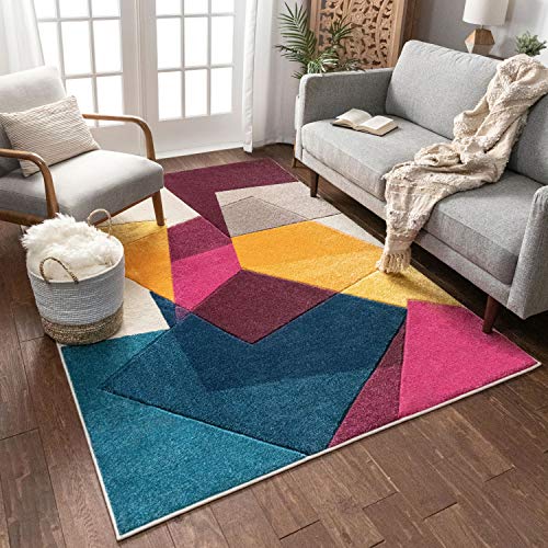 Well Woven Strata Squares Blue Purple Fuchsia Yellow Orange Modern Geometric Hand Carved 8x10 (7'10" x 9'10") Area Rug Easy to Clean Stain & Fade Resistant Thick Soft Plush